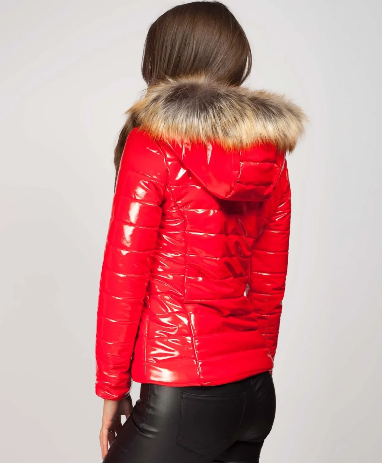 Fur Hood Shiny Red Puffer Jacket - Theleatherz